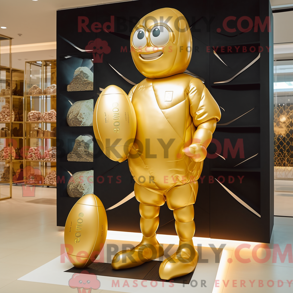 REDBROKOLY mascot character of a Gold Rugby Ball dressed with a ...