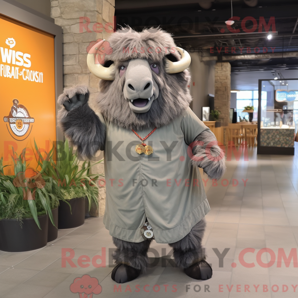 REDBROKOLY mascot character of a Gray Bison dressed with a Wrap Dress ...