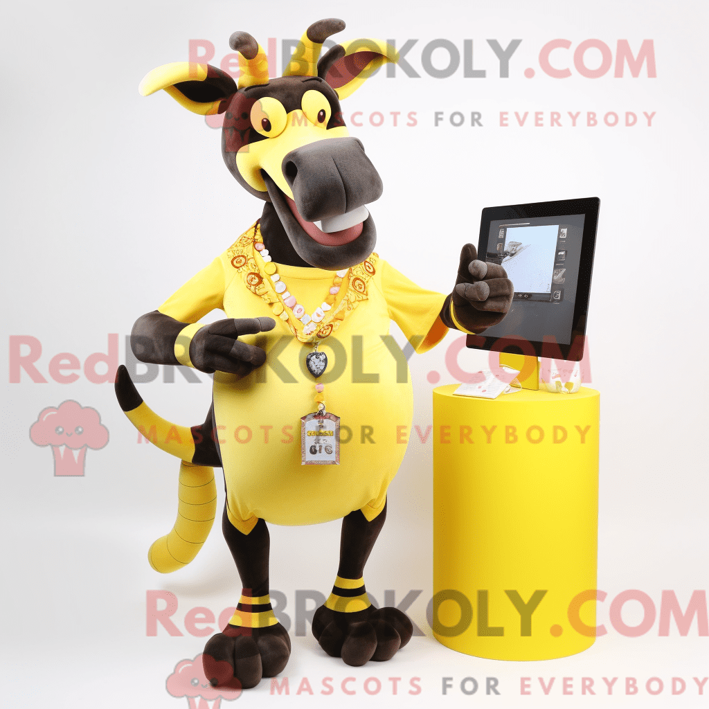 REDBROKOLY mascot character of a Lemon Yellow Okapi dressed with a T ...
