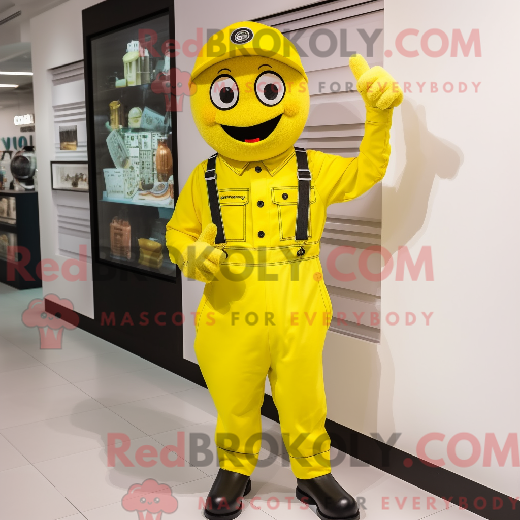 REDBROKOLY mascot character of a Lemon Yellow Wrist Watch dressed with ...