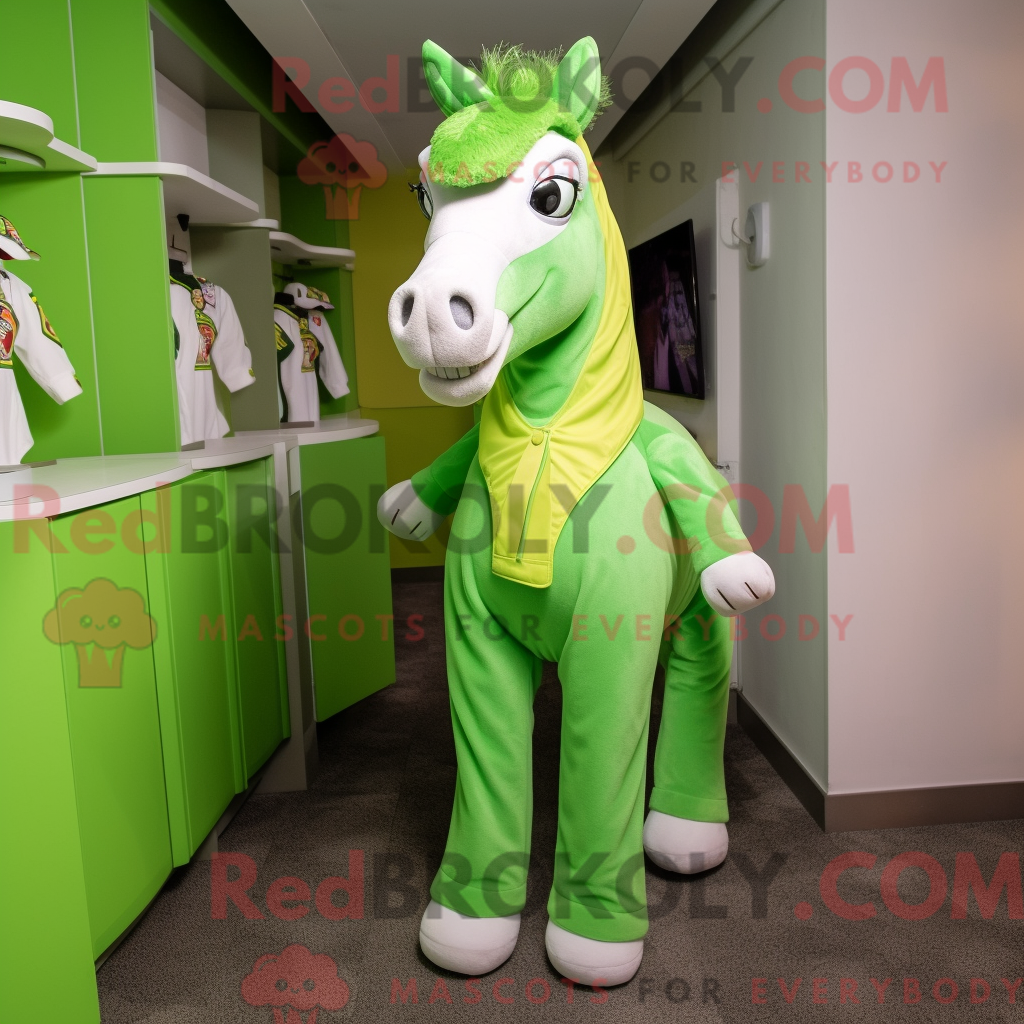 REDBROKOLY mascot character of a Lime Green Horse dressed with a Capri ...