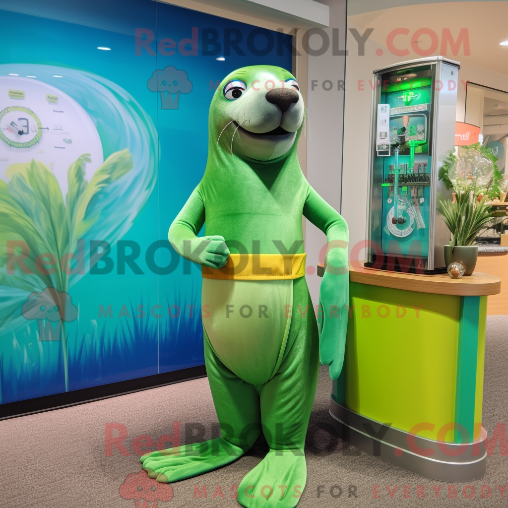 REDBROKOLY mascot character of a Lime Green Sea Lion dressed with a ...