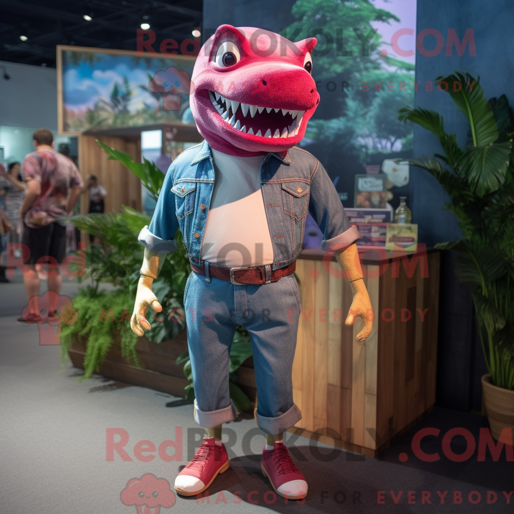 REDBROKOLY mascot character of a Magenta Shark dressed with a Denim ...