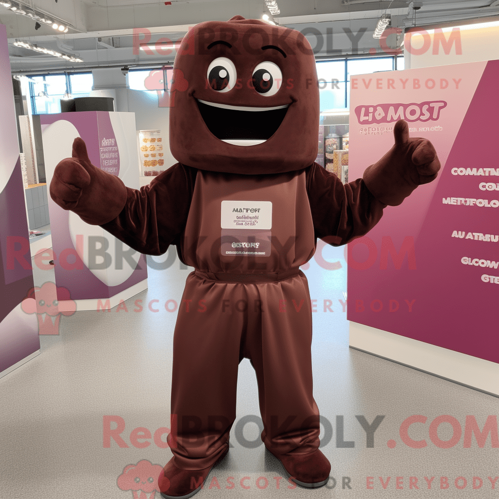 REDBROKOLY mascot character of a Maroon Chocolate Bar dressed with a ...