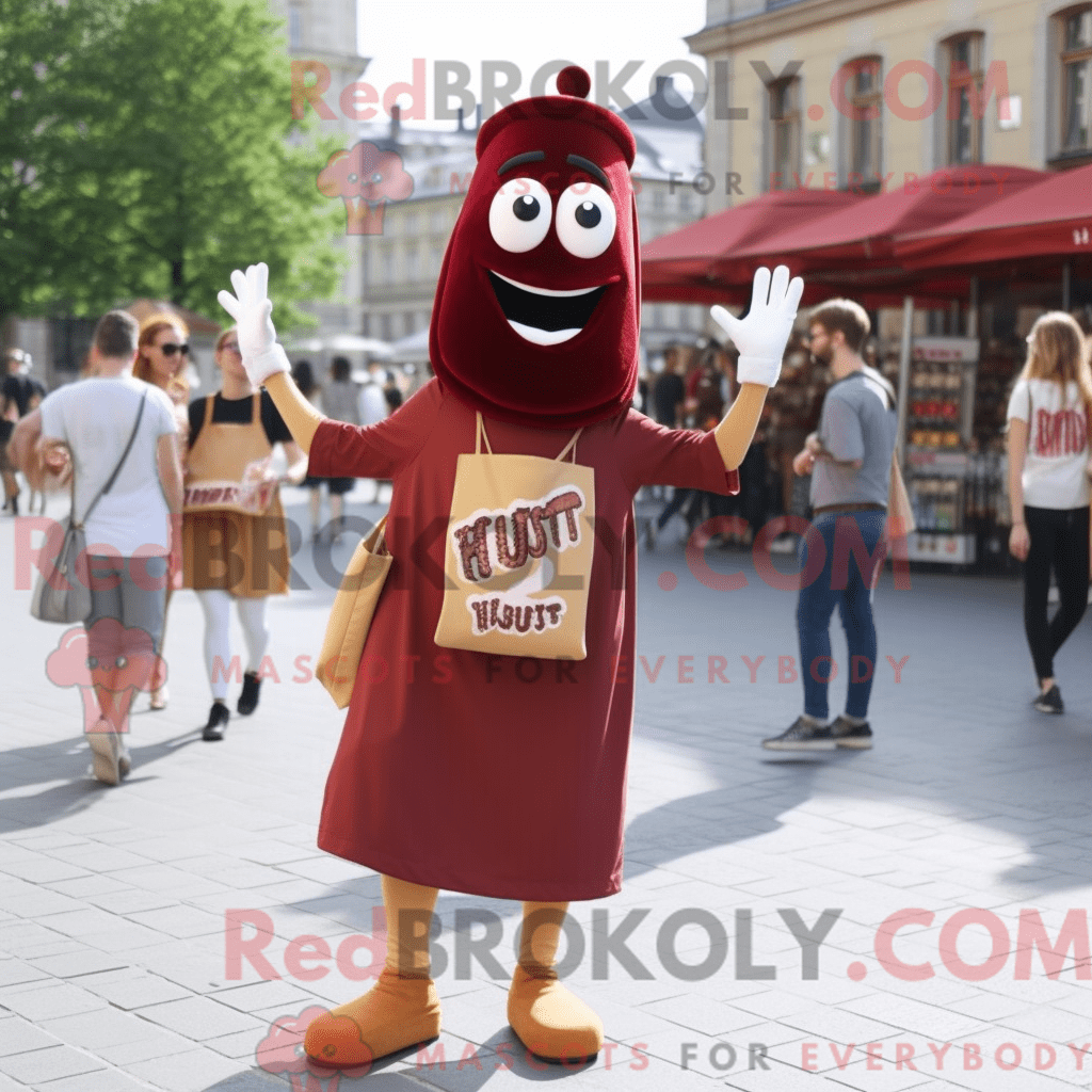REDBROKOLY mascot character of a Maroon Currywurst dressed with a Shift ...