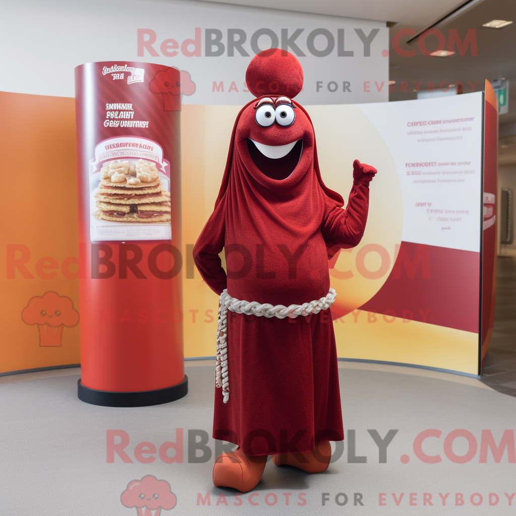 REDBROKOLY mascot character of a Maroon Currywurst dressed with a Shift ...