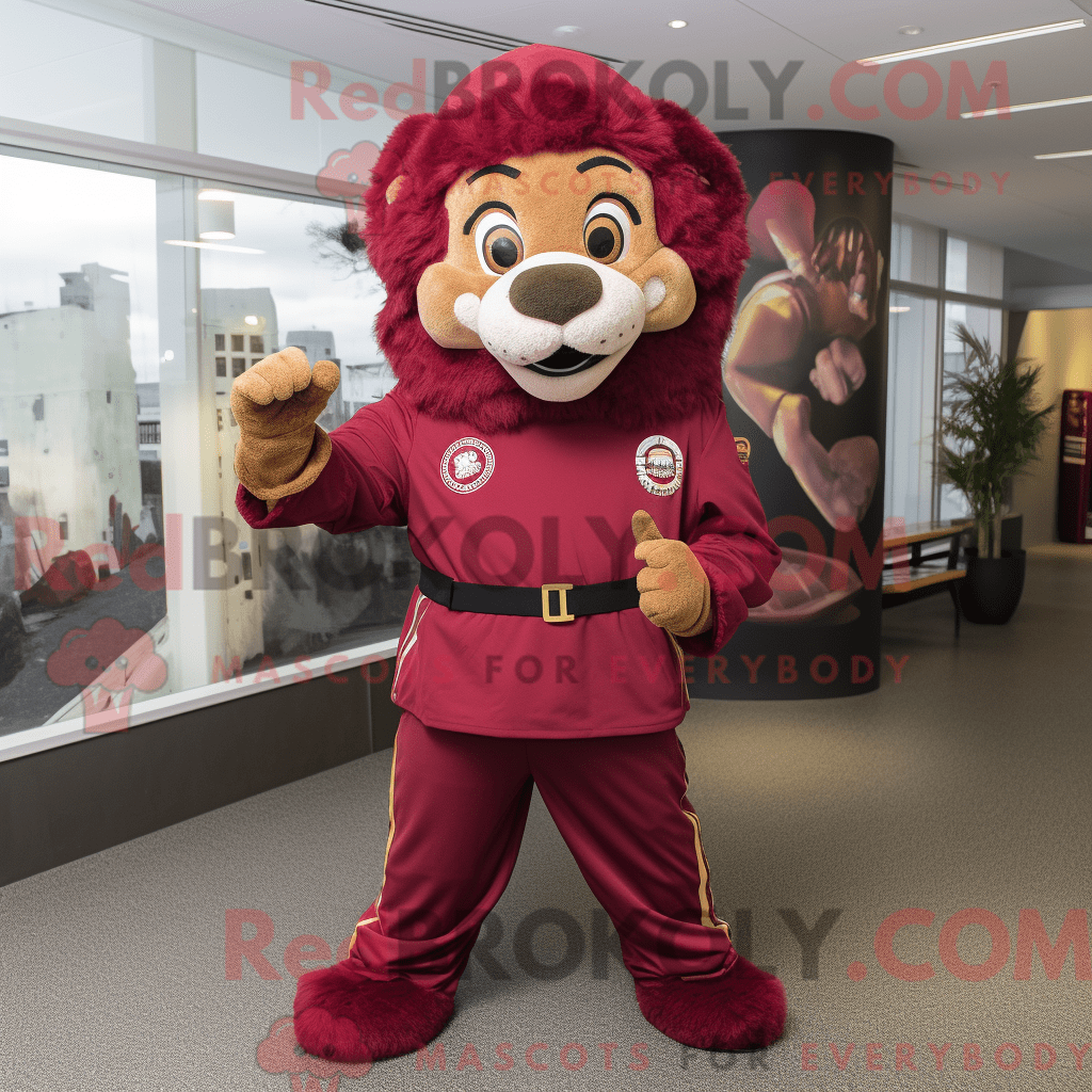 REDBROKOLY mascot character of a Maroon Lion dressed with a Jumpsuit ...