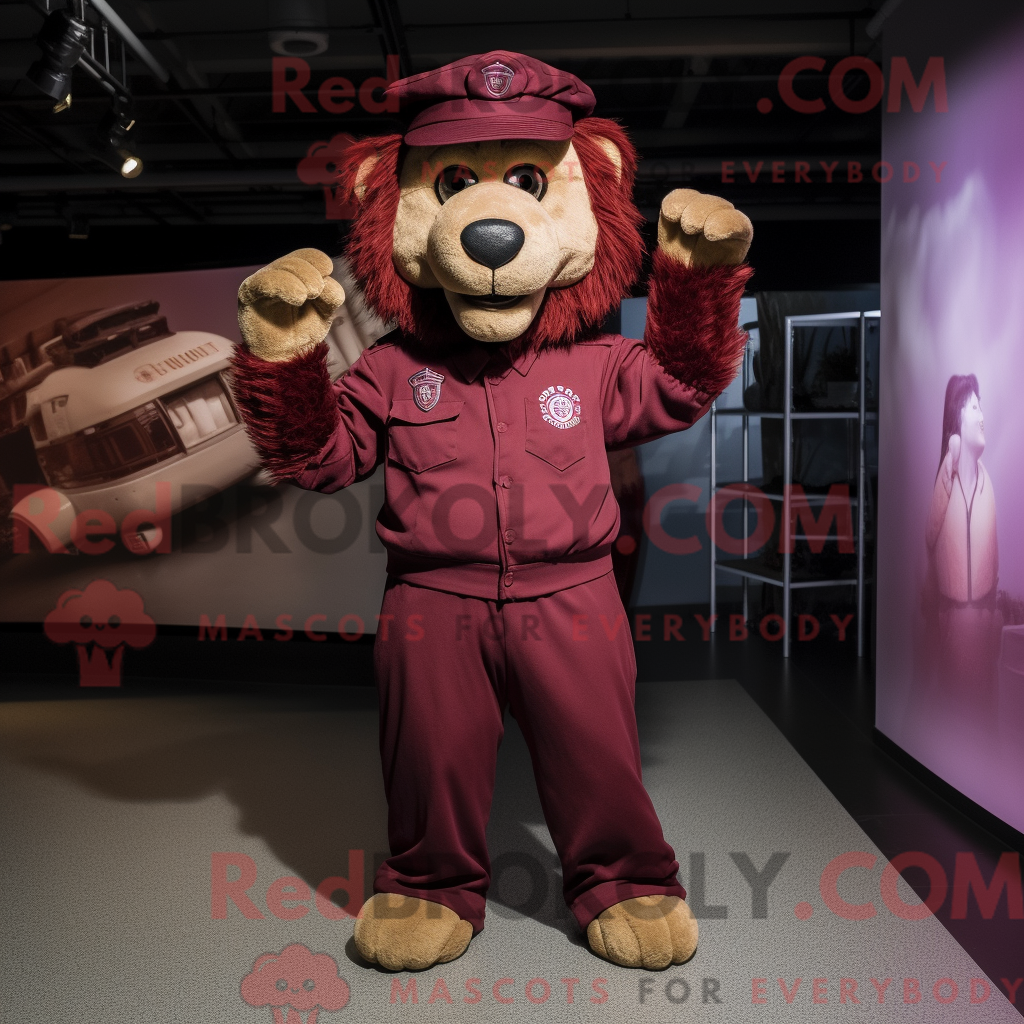 REDBROKOLY mascot character of a Maroon Lion dressed with a Jumpsuit ...