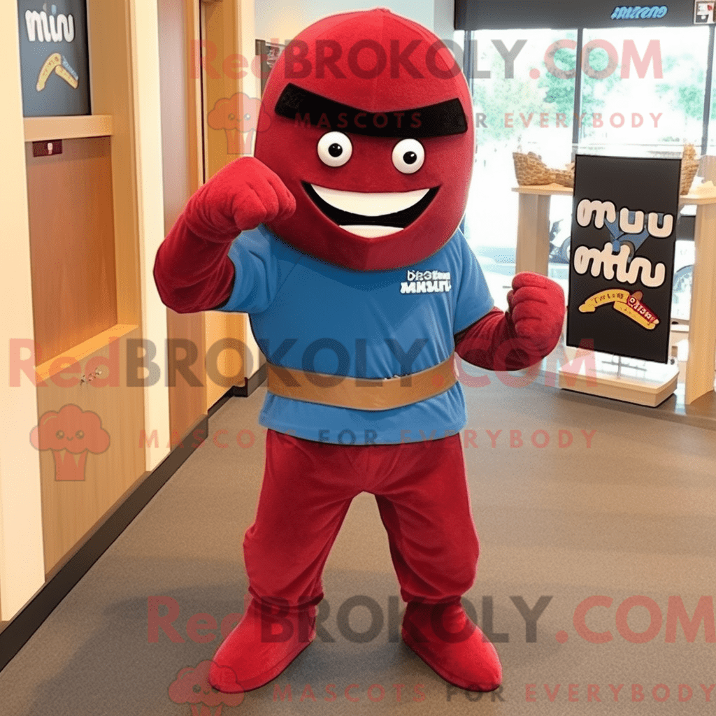 REDBROKOLY mascot character of a Maroon Ninja dressed with a Denim ...