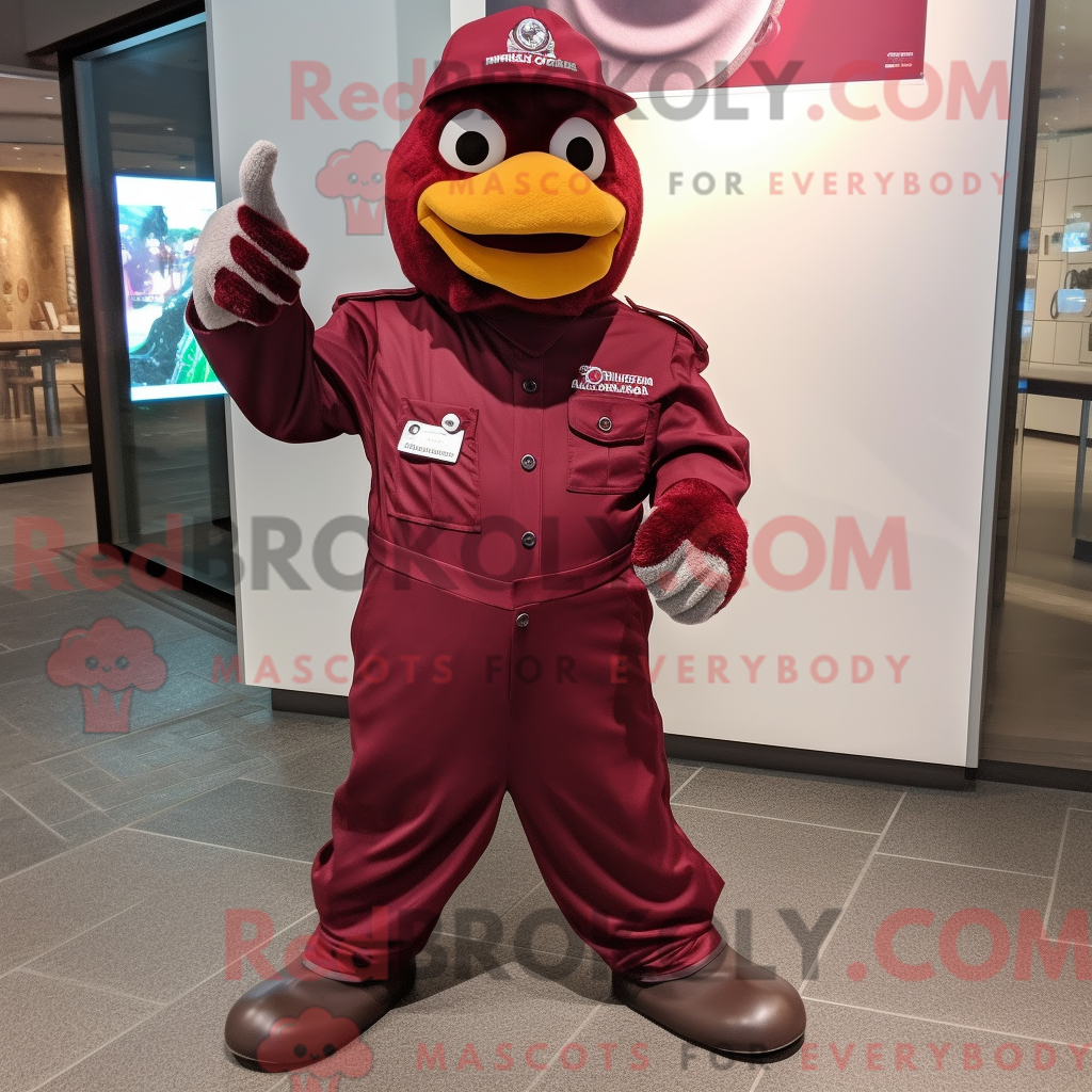 REDBROKOLY mascot character of a Maroon Quail dressed with a Jumpsuit ...