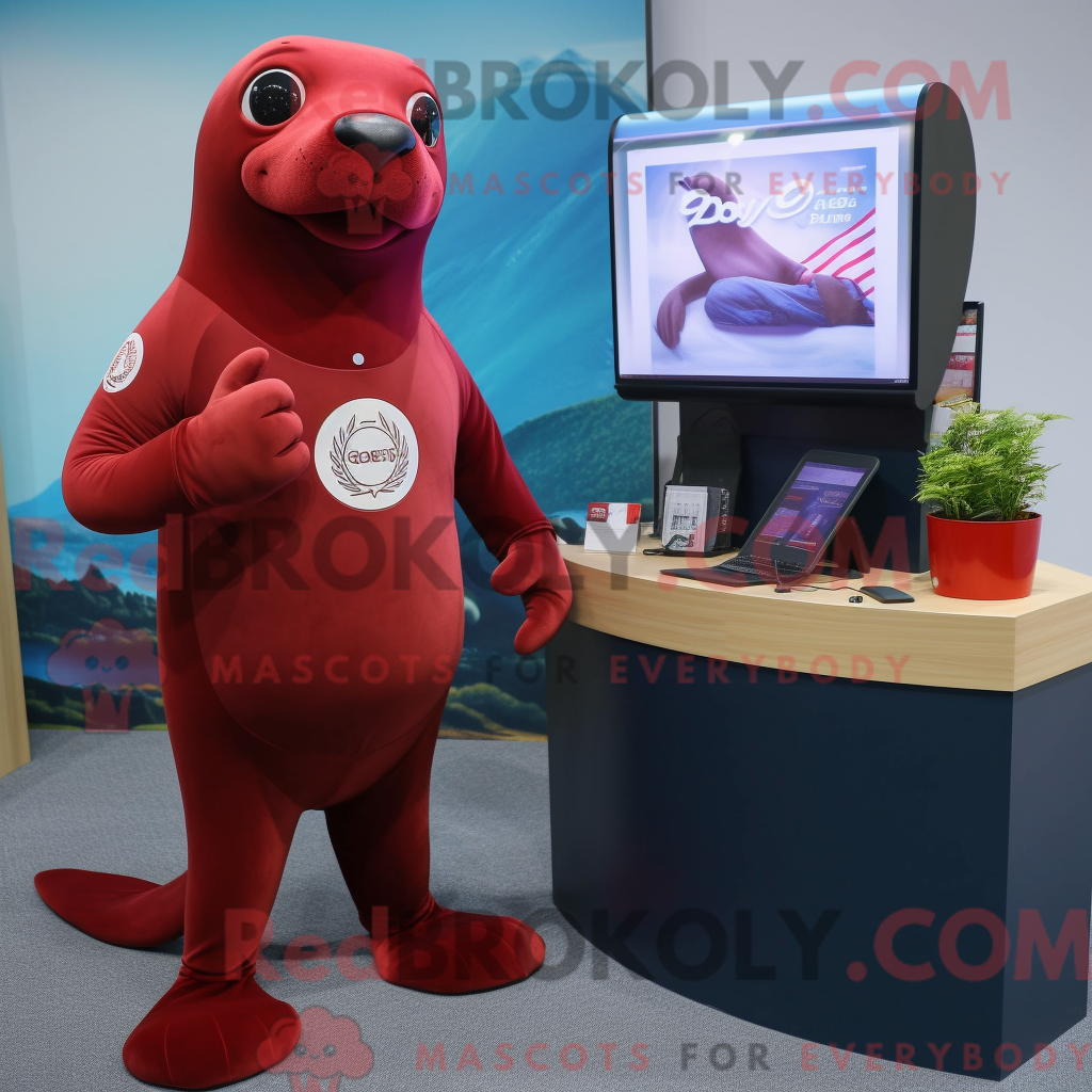 REDBROKOLY mascot character of a Maroon Sea Lion dressed with a Henley ...