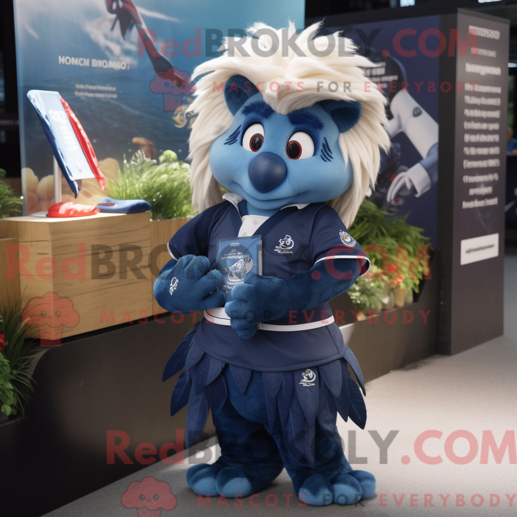 REDBROKOLY mascot character of a Navy Betta Fish dressed with a Rugby ...