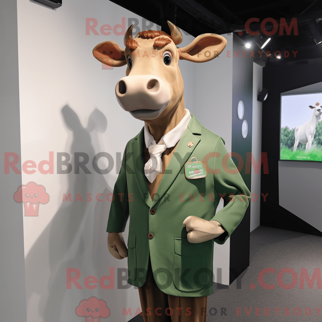 REDBROKOLY mascot character of a Olive Jersey Cow dressed with a Suit ...