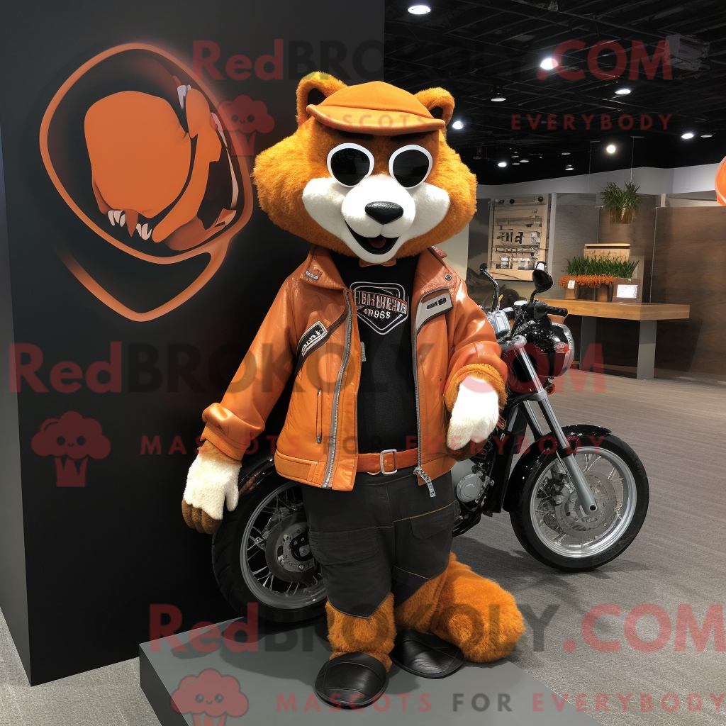 REDBROKOLY mascot character of a Orange Mongoose dressed with a Moto ...
