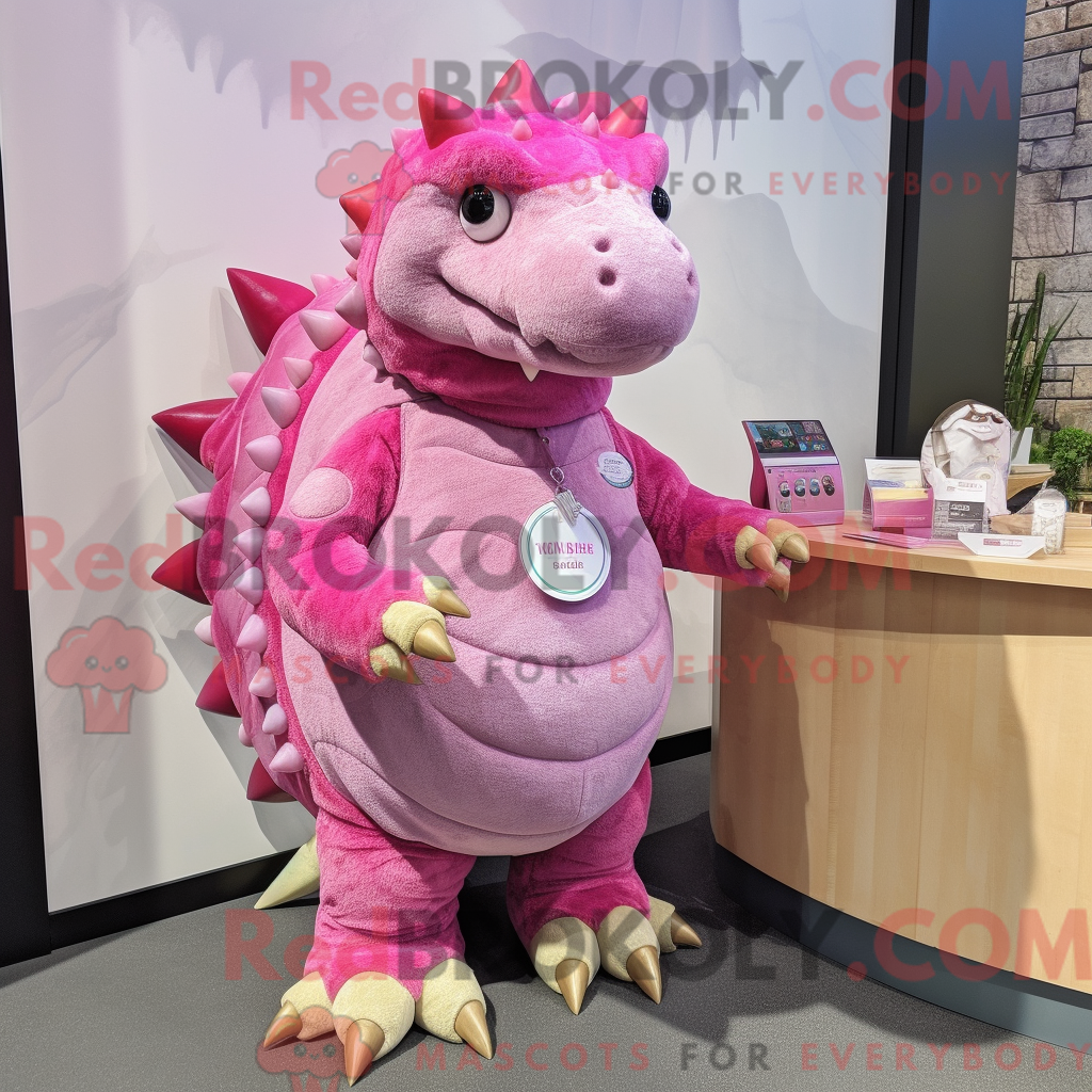 REDBROKOLY mascot character of a Pink Ankylosaurus dressed with a V ...