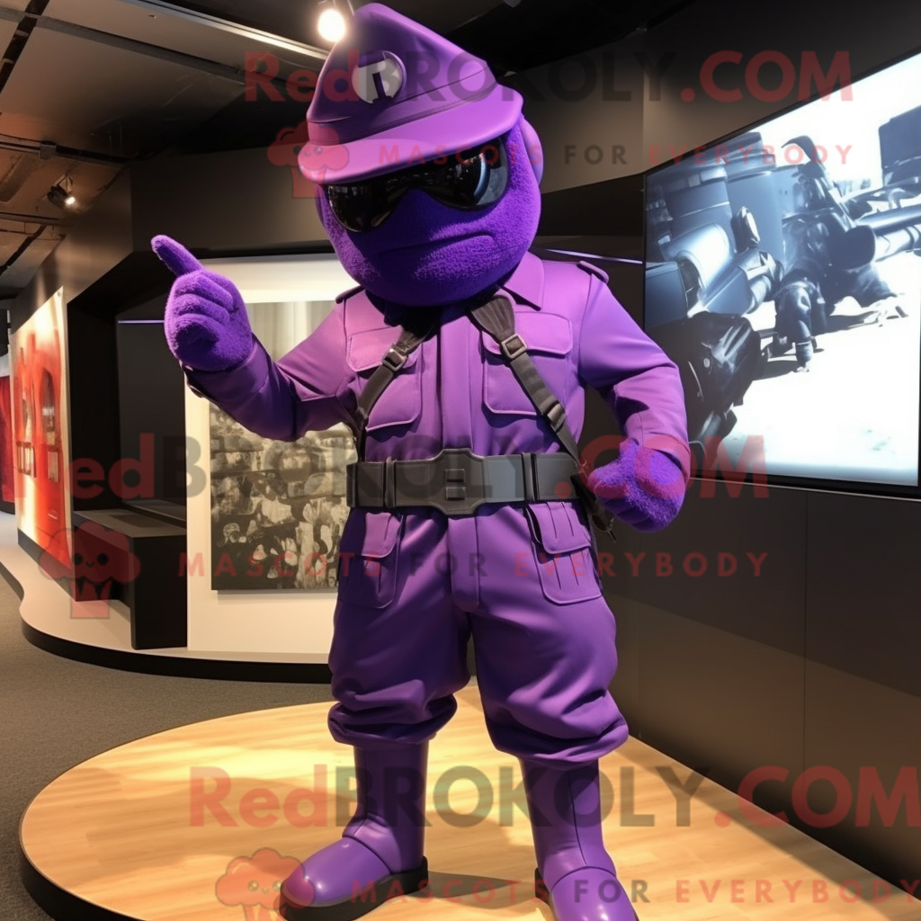 REDBROKOLY mascot character of a Purple Commando dressed with a Romper ...