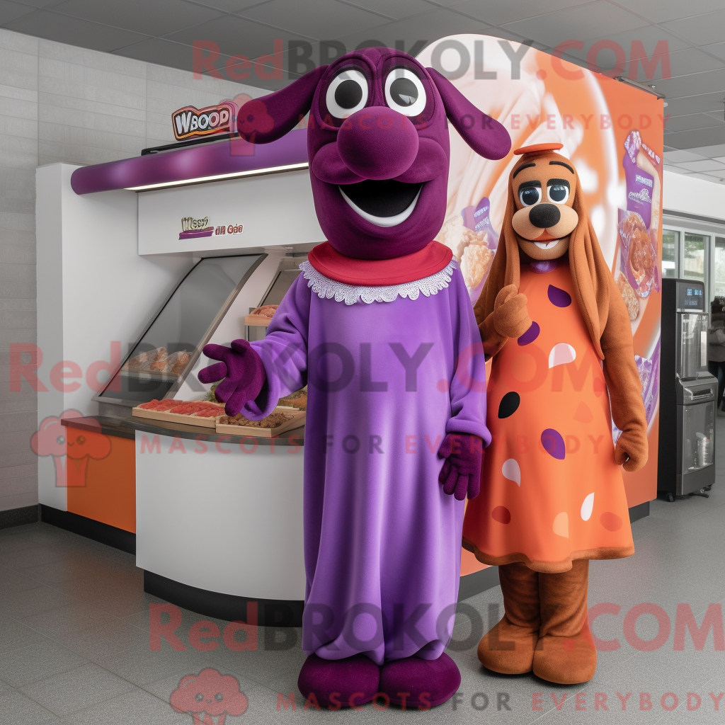 REDBROKOLY mascot character of a Purple Hot Dogs dressed with a Maxi ...