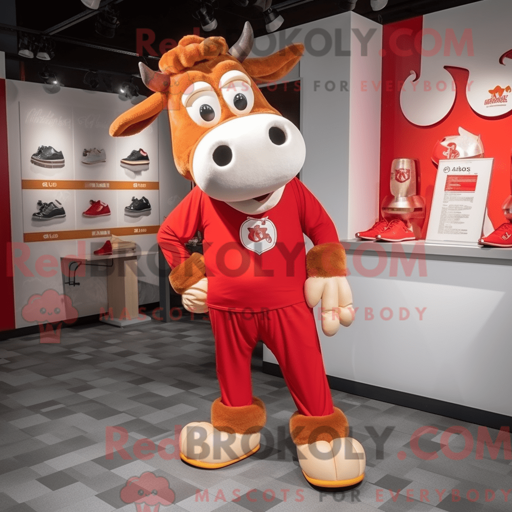 REDBROKOLY mascot character of a Red Jersey Cow dressed with a Jumpsuit ...