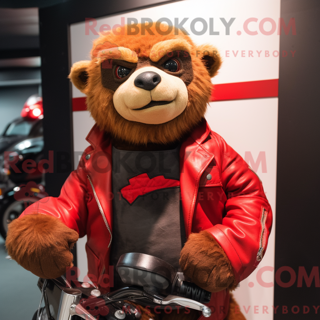REDBROKOLY mascot character of a Red Sloth dressed with a Biker Jacket ...