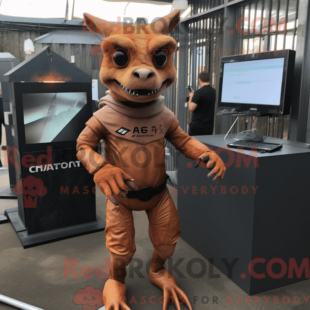 REDBROKOLY mascot character of a Rust Chupacabra dressed with a ...