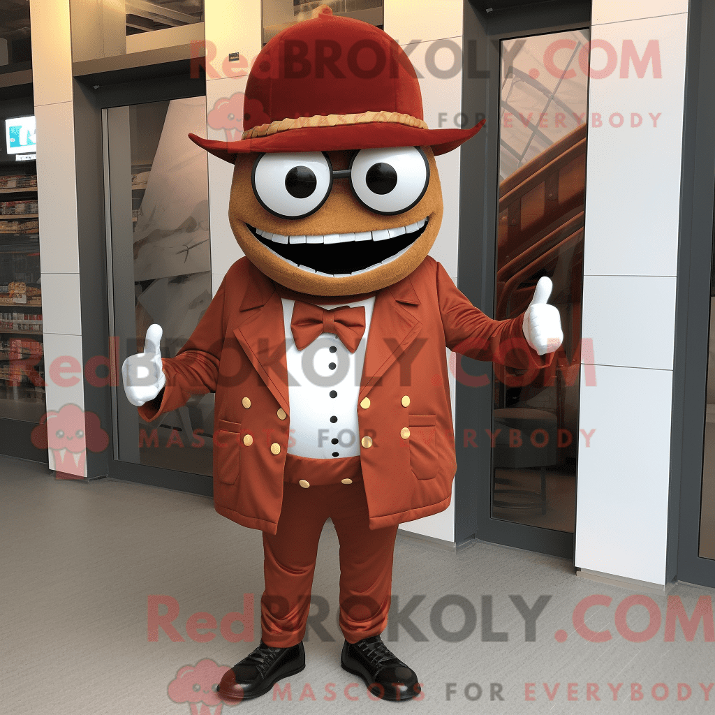 REDBROKOLY mascot character of a Rust Hamburger dressed with a Jacket ...