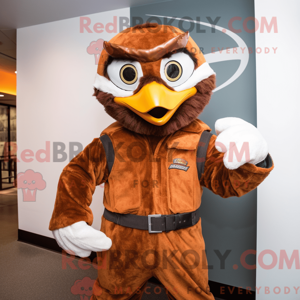 REDBROKOLY mascot character of a Rust Hawk dressed with a Jumpsuit and ...