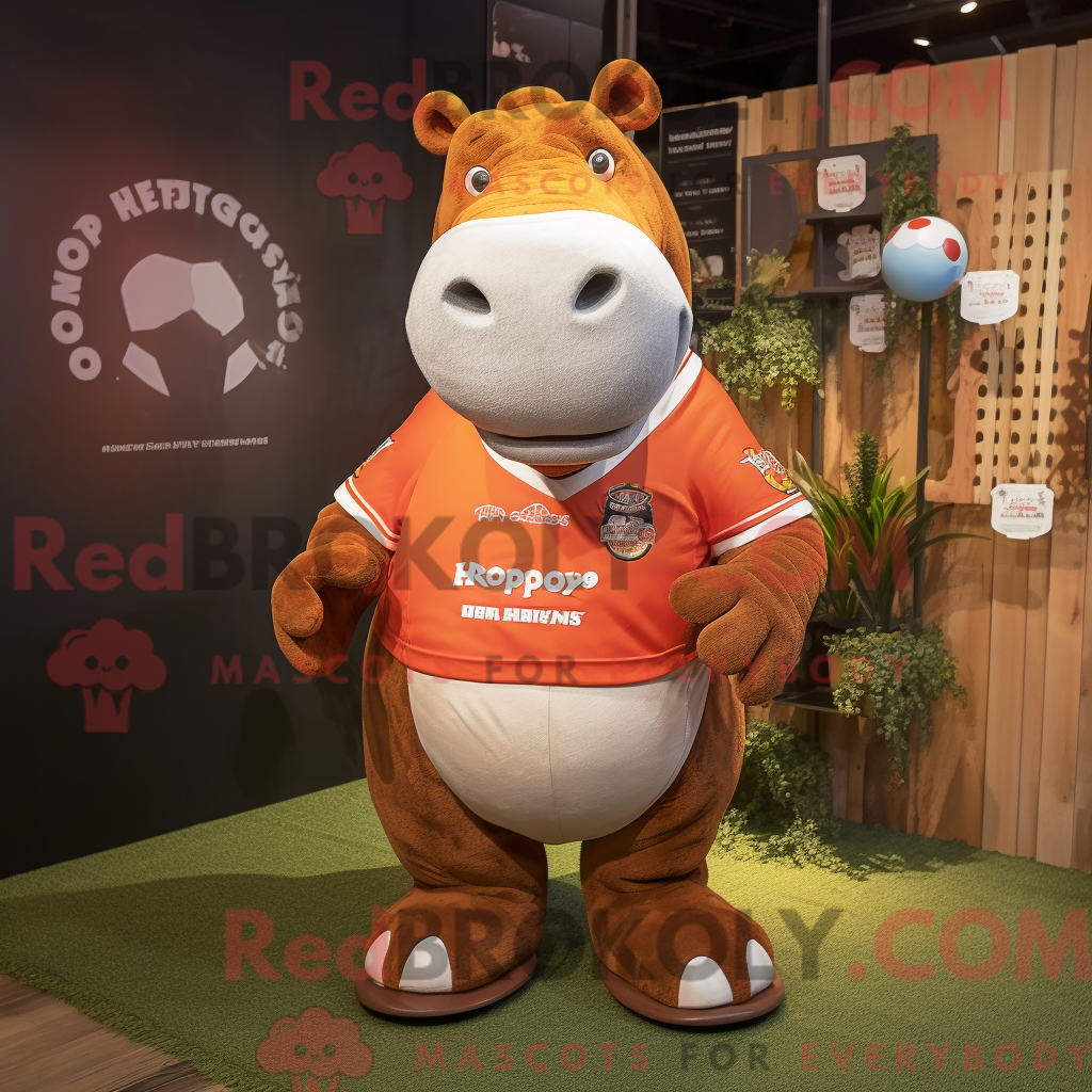 REDBROKOLY mascot character of a Rust Hippopotamus dressed with a Rugby ...