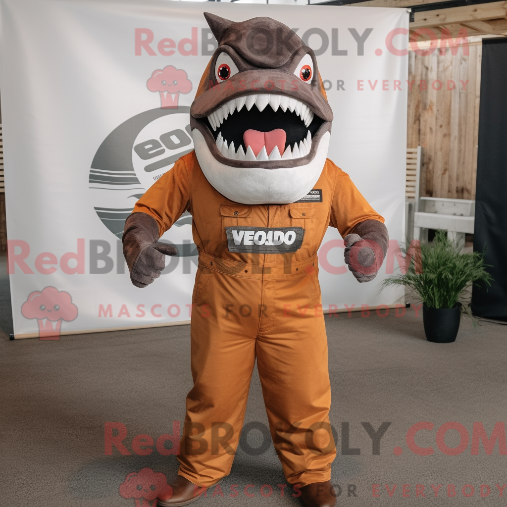 REDBROKOLY mascot character of a Rust Megalodon dressed with a Jumpsuit ...