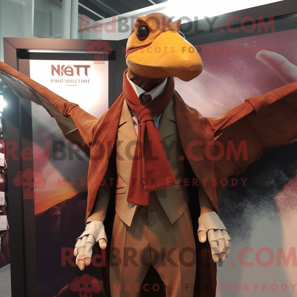 REDBROKOLY mascot character of a Rust Pterodactyl dressed with a Suit Jacket and Scarf clips ...