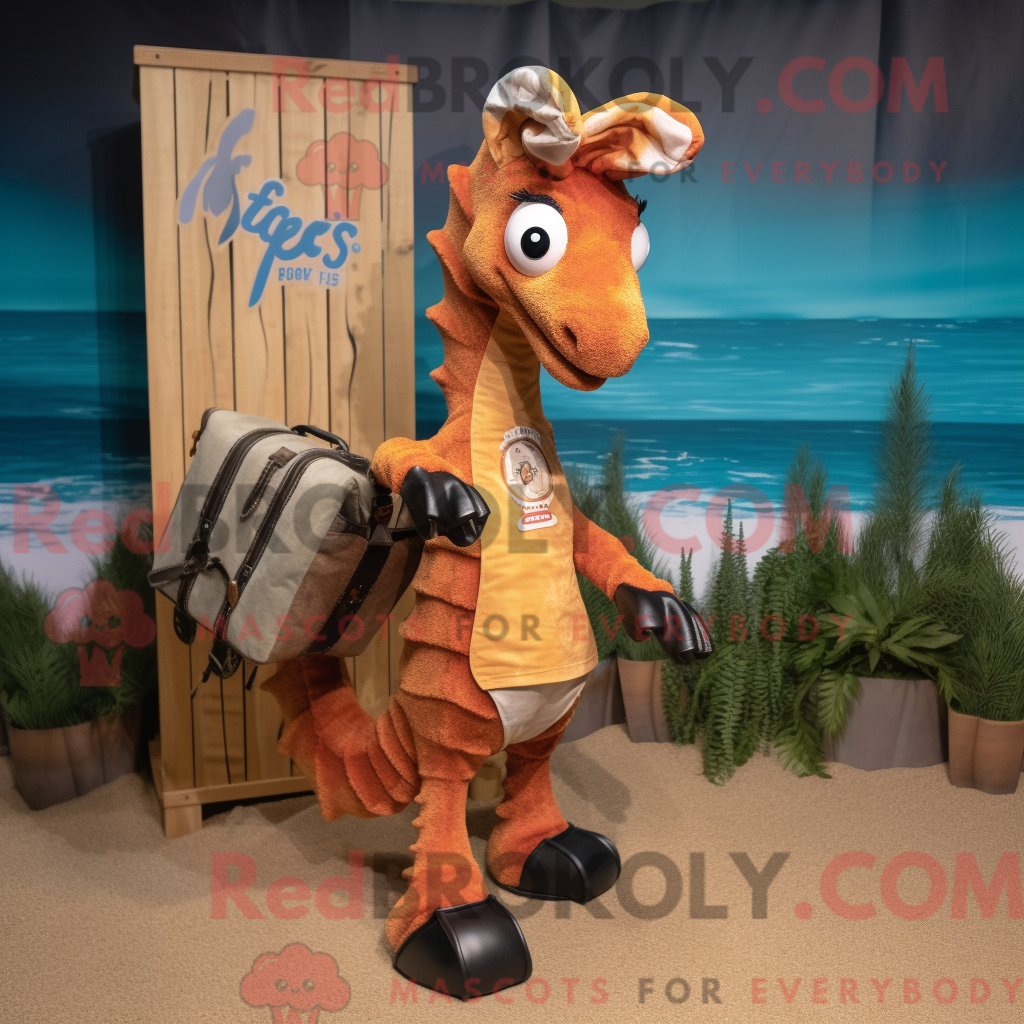 REDBROKOLY mascot character of a Rust Seahorse dressed with a Board ...