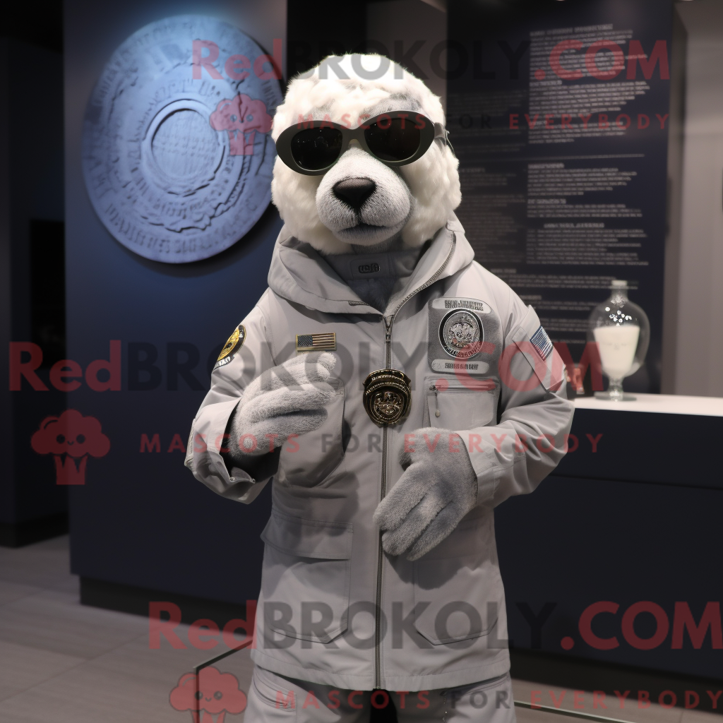 REDBROKOLY mascot character of a Silver Navy Seal dressed with a Coat ...