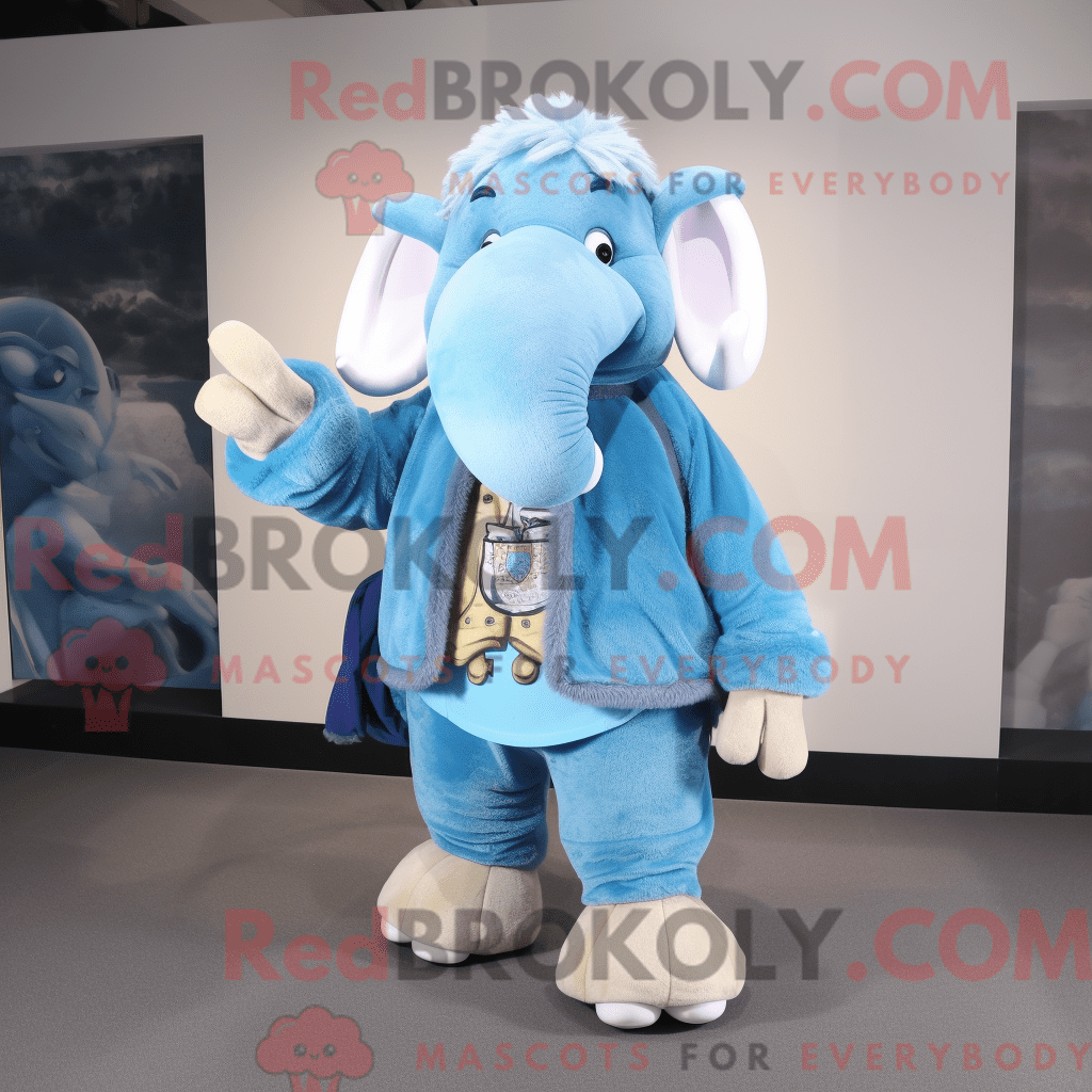 REDBROKOLY mascot character of a Sky Blue Mammoth dressed with a Jacket ...