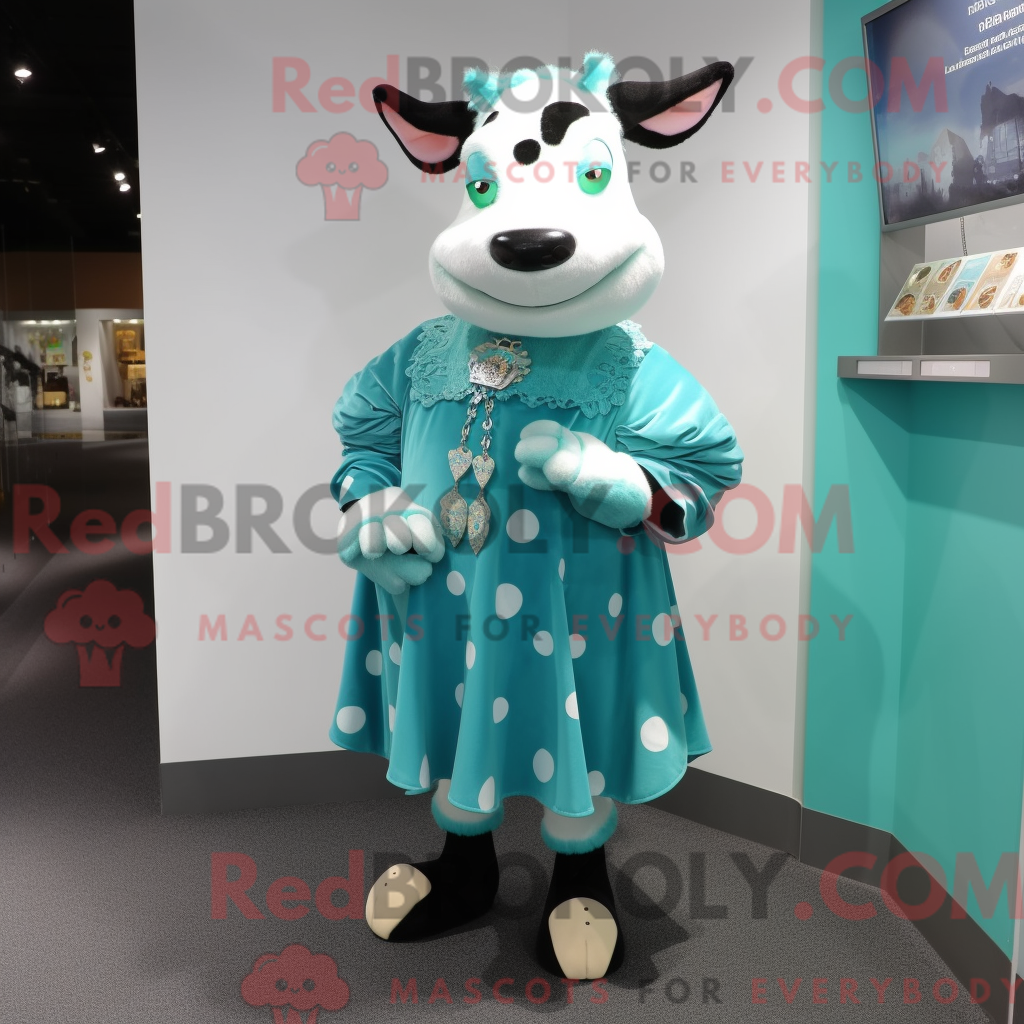 REDBROKOLY mascot character of a Teal Holstein Cow dressed with a Midi ...