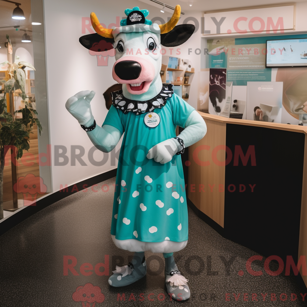REDBROKOLY mascot character of a Teal Holstein Cow dressed with a Midi ...