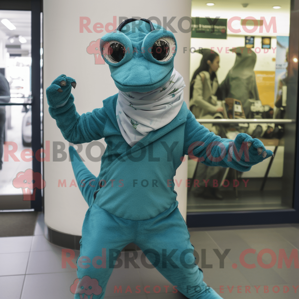 REDBROKOLY mascot character of a Teal Lizard dressed with a Jumpsuit ...