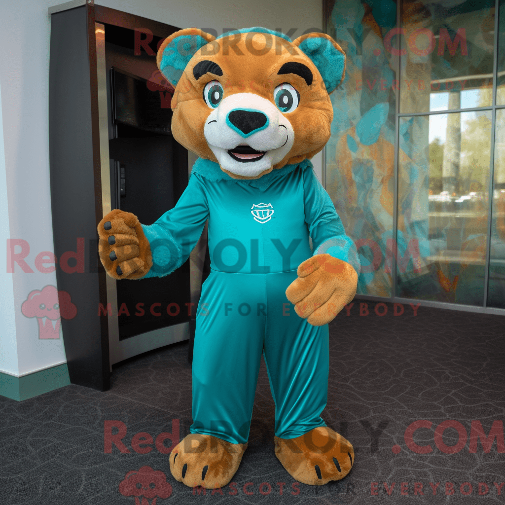 REDBROKOLY mascot character of a Teal Mountain Lion dressed with a ...