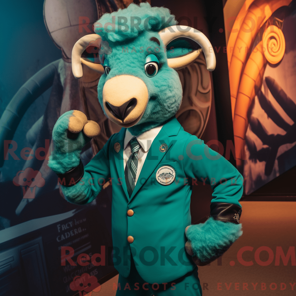 REDBROKOLY mascot character of a Teal Ram dressed with a Blazer and ...