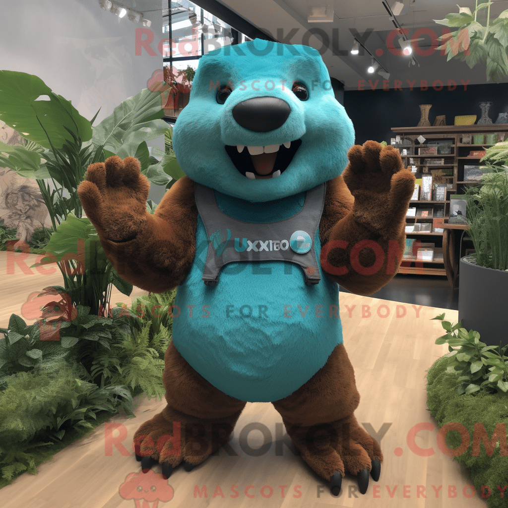 REDBROKOLY mascot character of a Turquoise Beaver dressed with a Tank ...