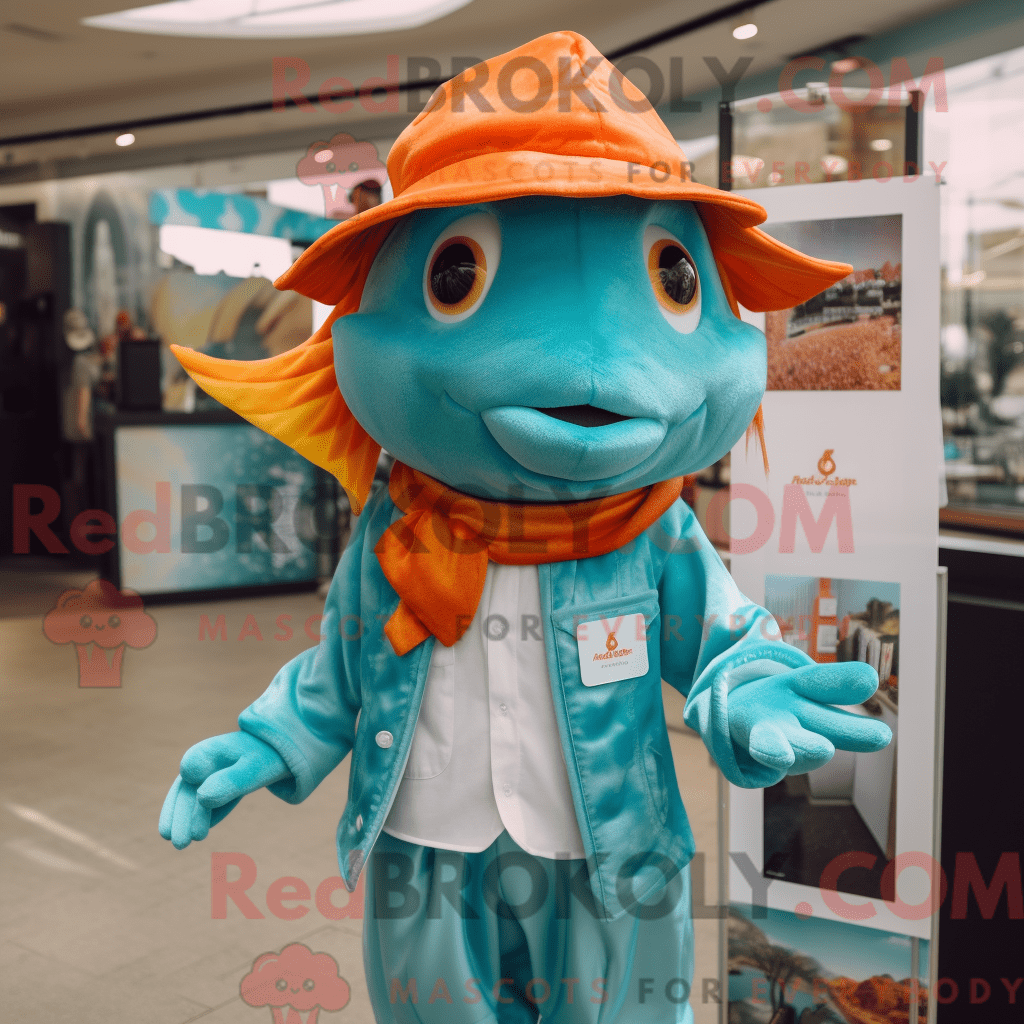 REDBROKOLY mascot character of a Turquoise Goldfish dressed with a ...