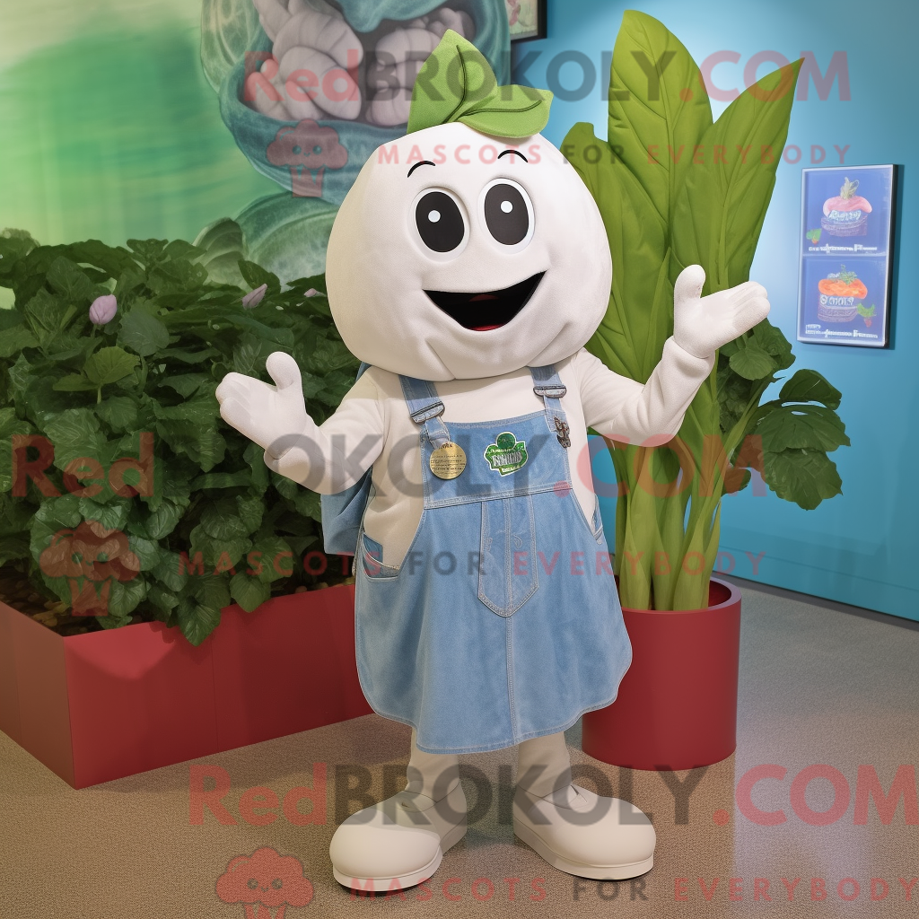 REDBROKOLY mascot character of a White Spinach dressed with a Denim ...