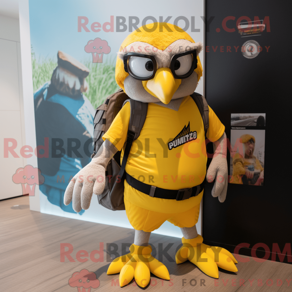 REDBROKOLY mascot character of a Yellow Hawk dressed with a Board ...