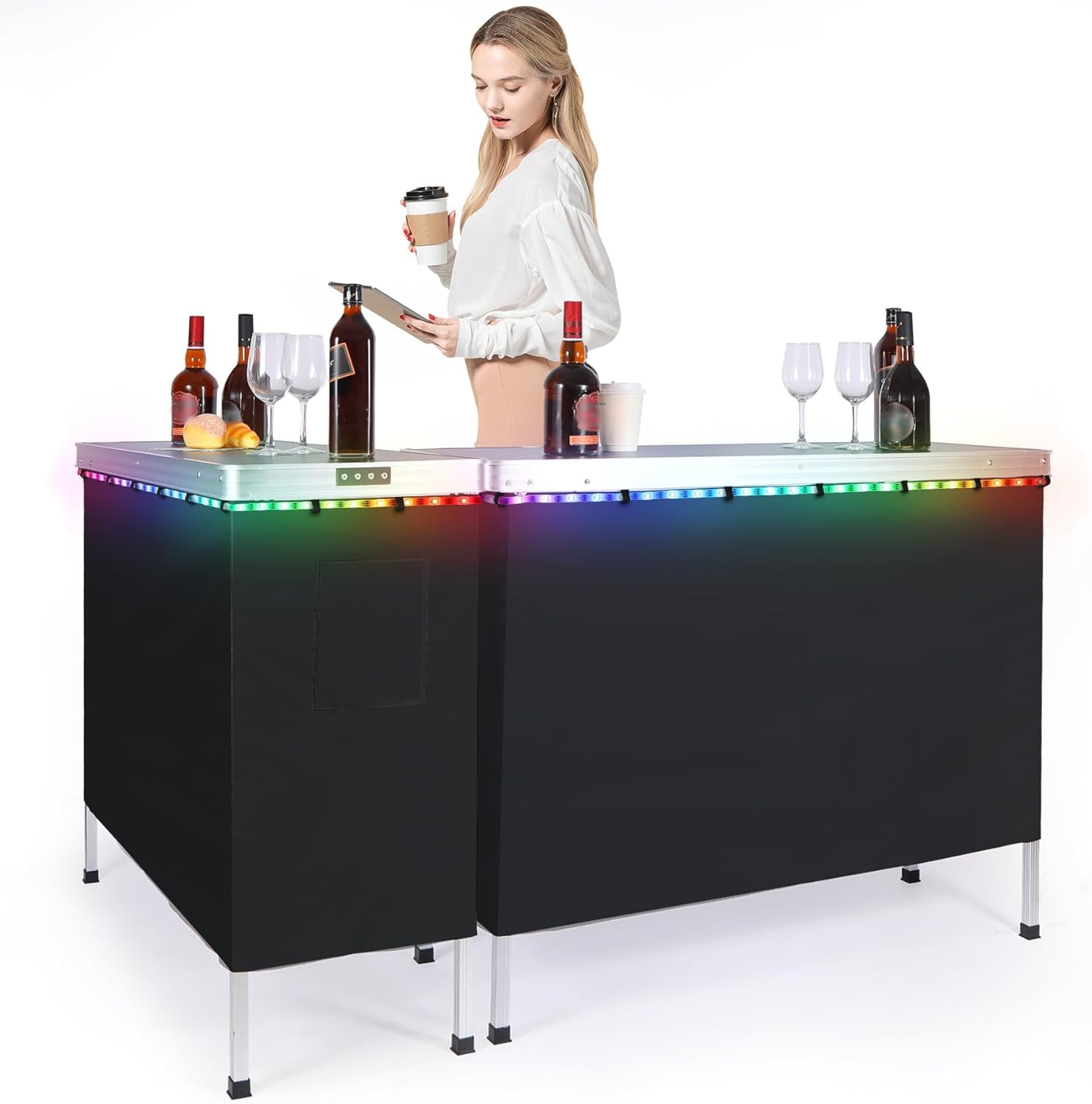 REDCAMP Portable Double Bar Table with Multi-Color LED Lights, Pop Up ...