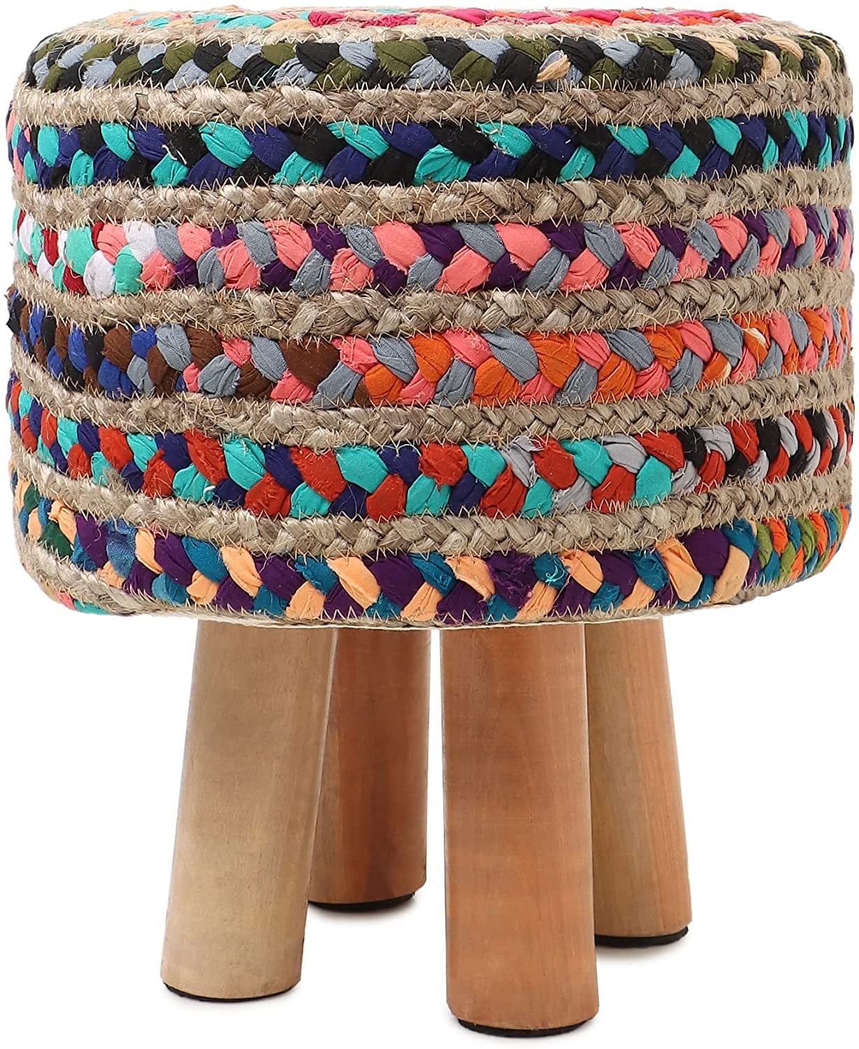 REDEARTH Foot Stool -Handmade Wooden 4 Legs Jute Chindi Seat Footrest ...