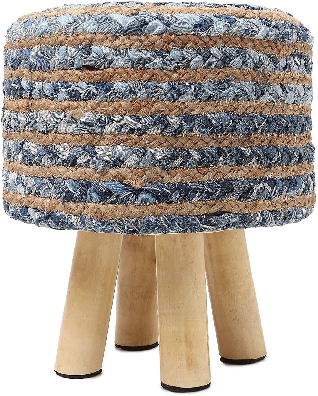 REDEARTH Foot Stool -Handmade Wooden 4 Legs Jute and Denim Seat ...