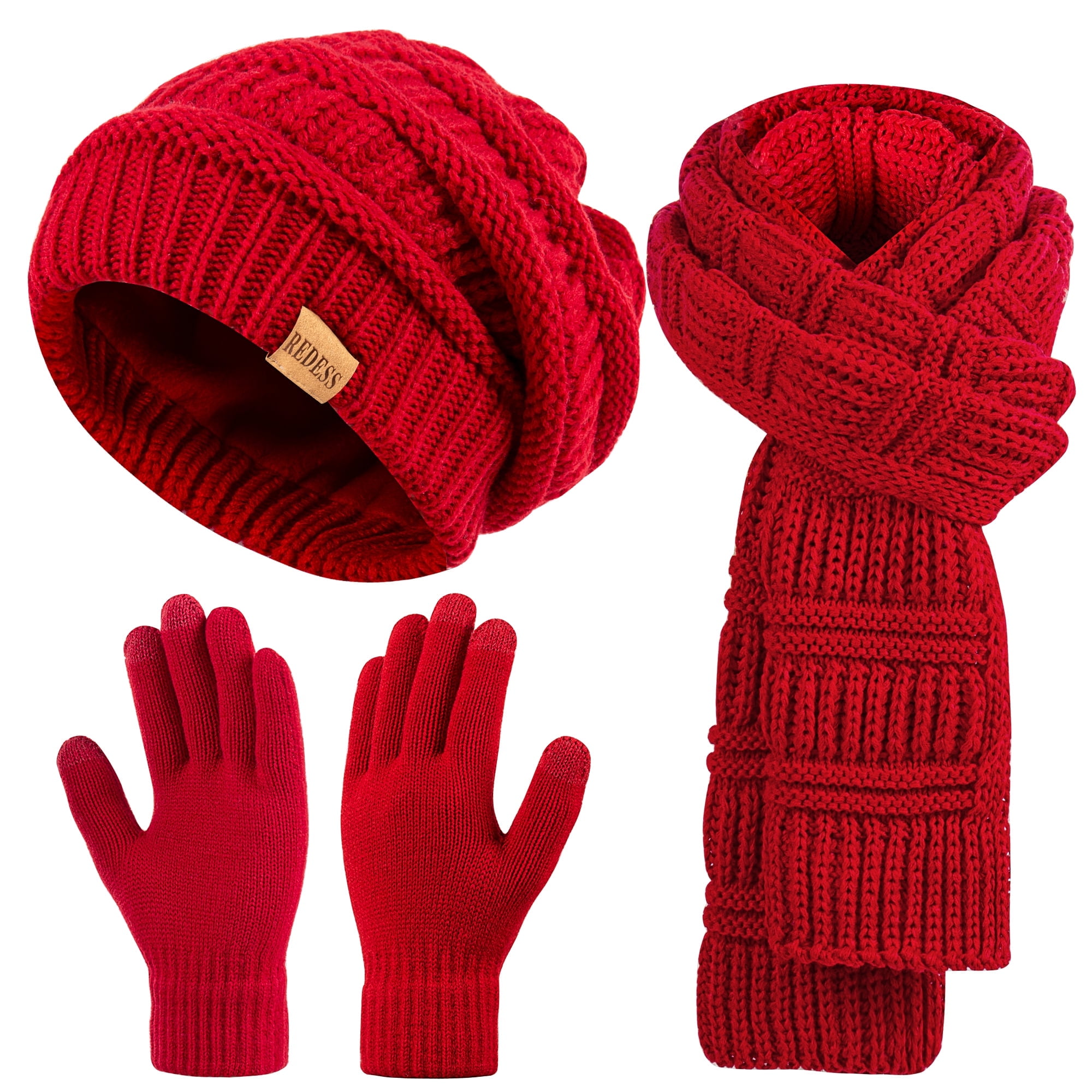 REDESS Winter Women's Slouchy Beanie Hat, Scarf & Glove Sets-Red ...