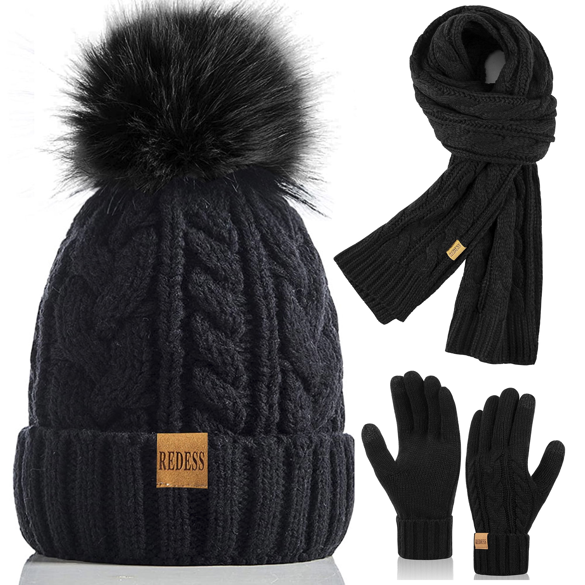 REDESS Winter Beanie Set, Pom Pom, Fleece Lined, Touchscreen Gloves ...