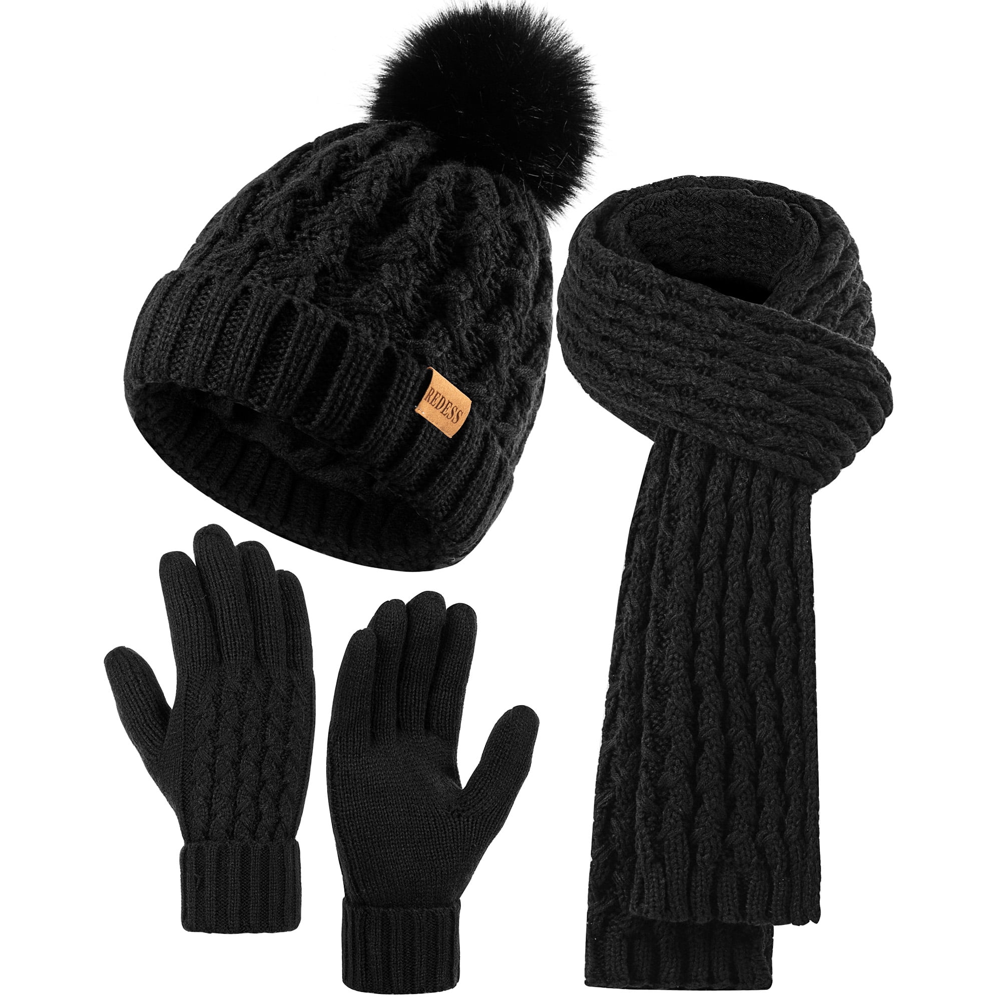 REDESS Winter Women's Beanie Hat Scarf Gloves Set, Fleece Lined Winter ...
