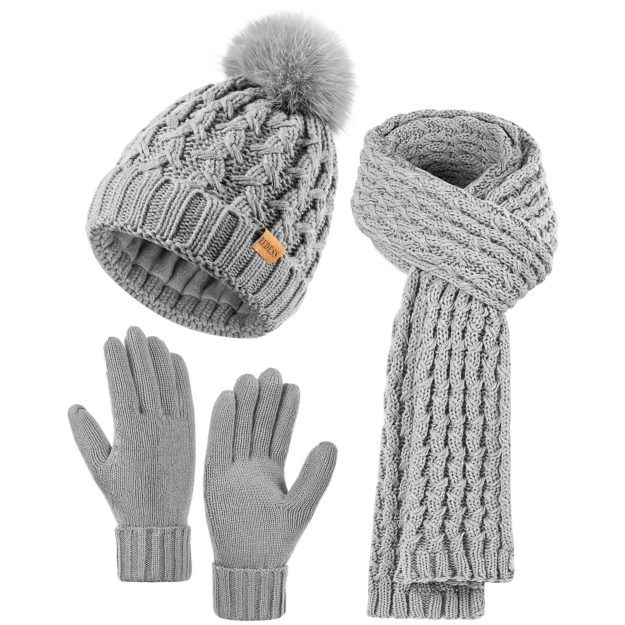 REDESS Winter Women's Beanie Hat Scarf Gloves Set, Fleece Lined Winter ...