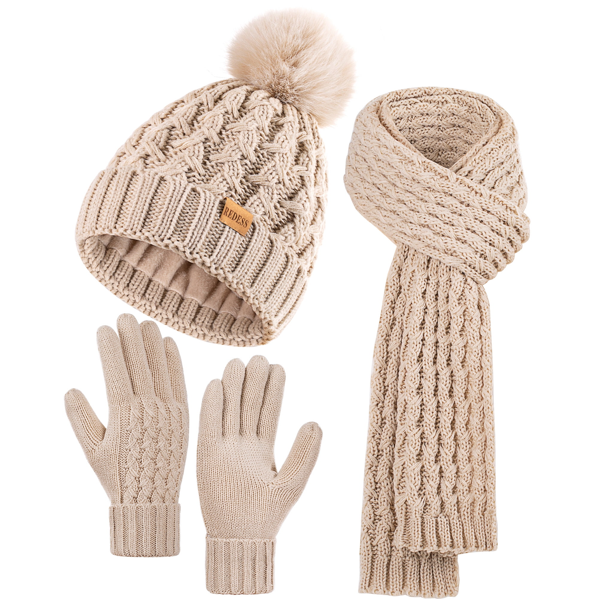 REDESS Winter Women’s Beanie Hat Scarf Gloves Set, Fleece Lined Winter ...
