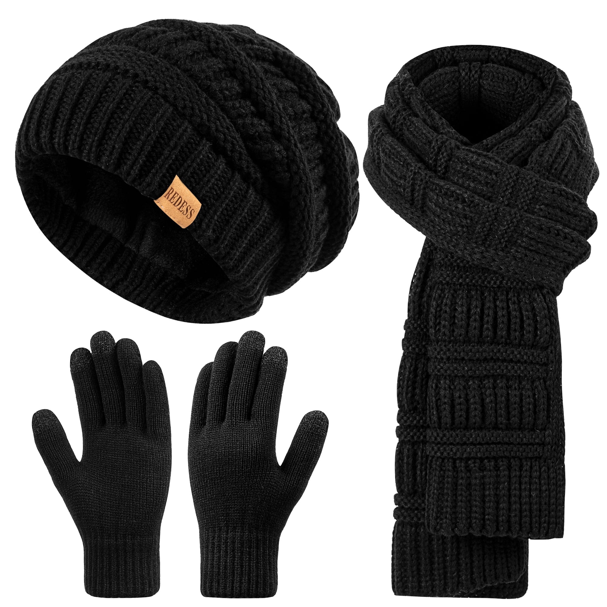 REDESS Winter Women's Slouchy Beanie Hat, Scarf & Glove Sets-Black ...